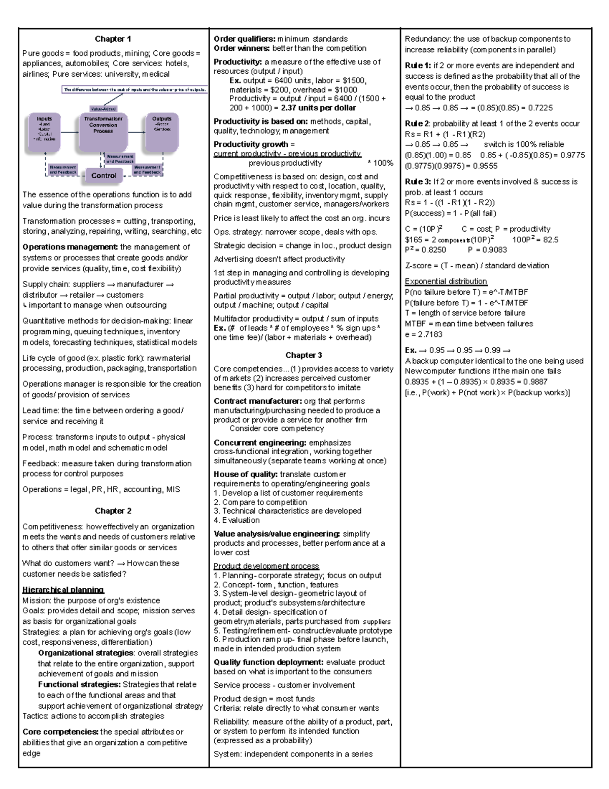 OM 101: Operations Exam 1 Cheat Sheet for Chapters 1-3 Study Guide ...