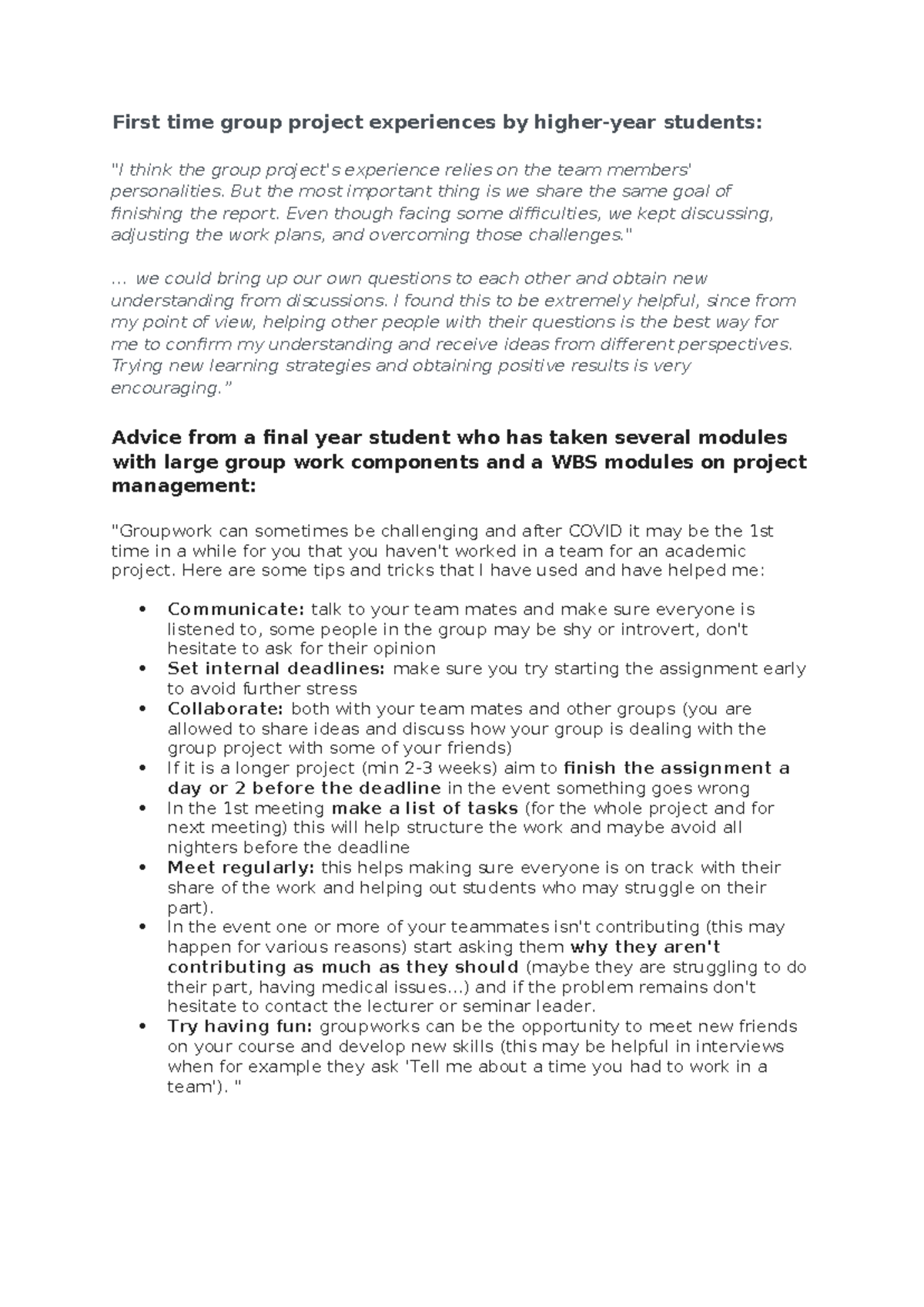 Advice from Higher Year Students on Group Projects (WBS) - Studocu