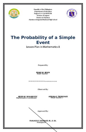 Math 8 Probability of Simple Events Lesson Plan - Math 8: Probability ...
