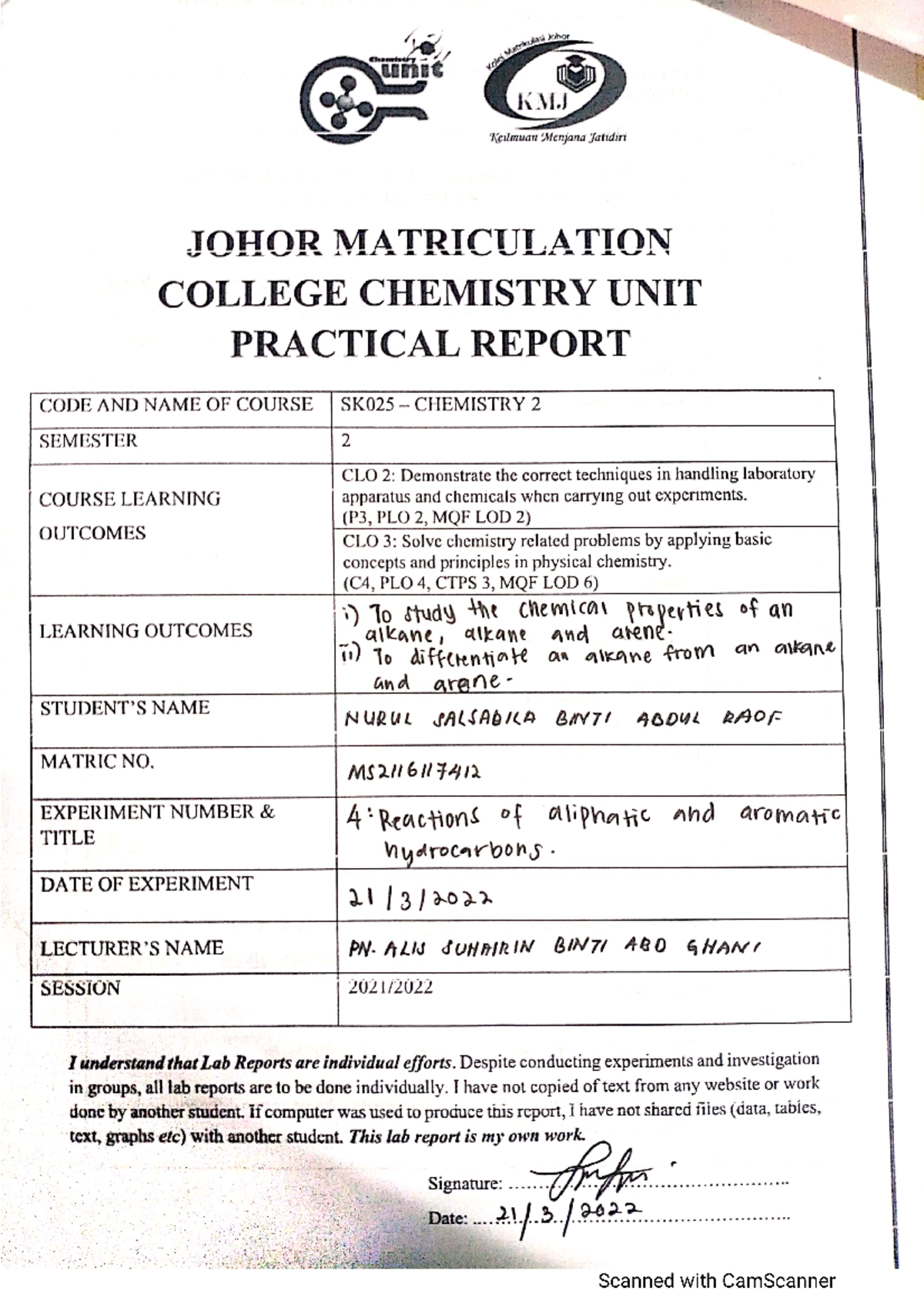 LAB Report for Chemistry Experiment 4 (Chemistry Course) - Studocu