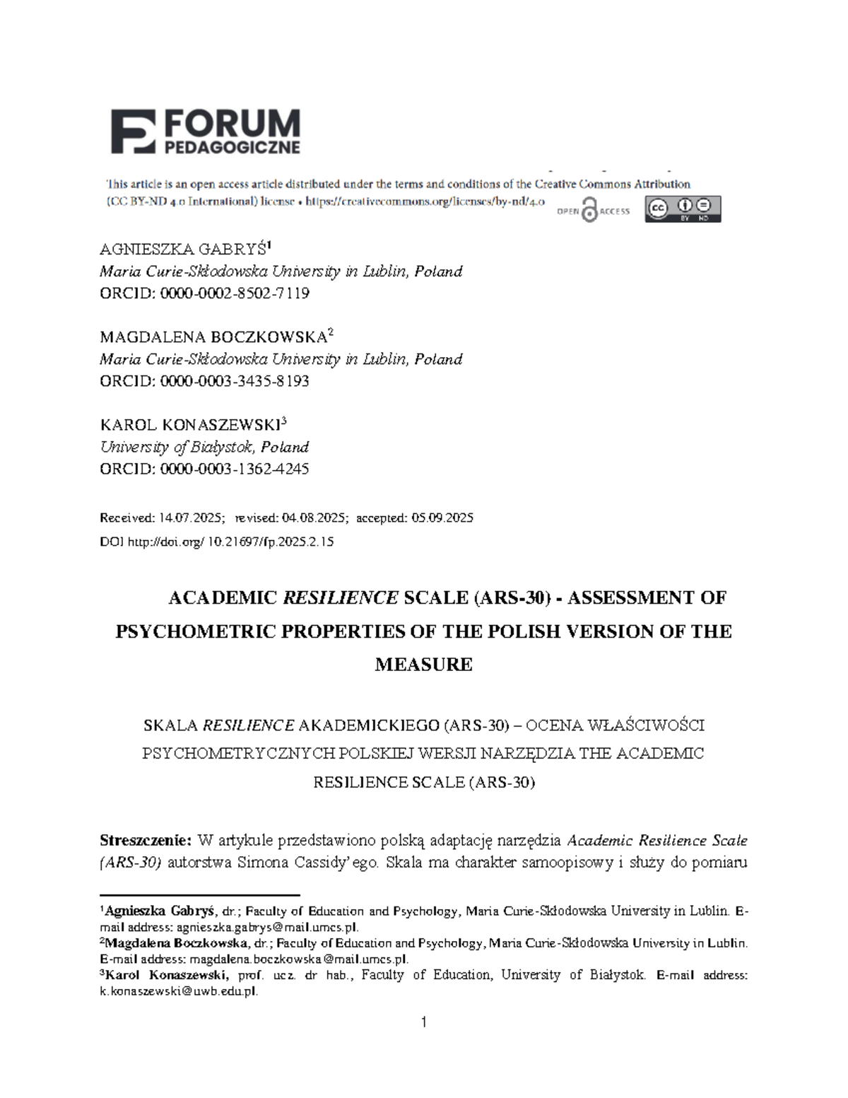 Psychometric Evaluation of the Polish Academic Resilience Scale (ARS ...
