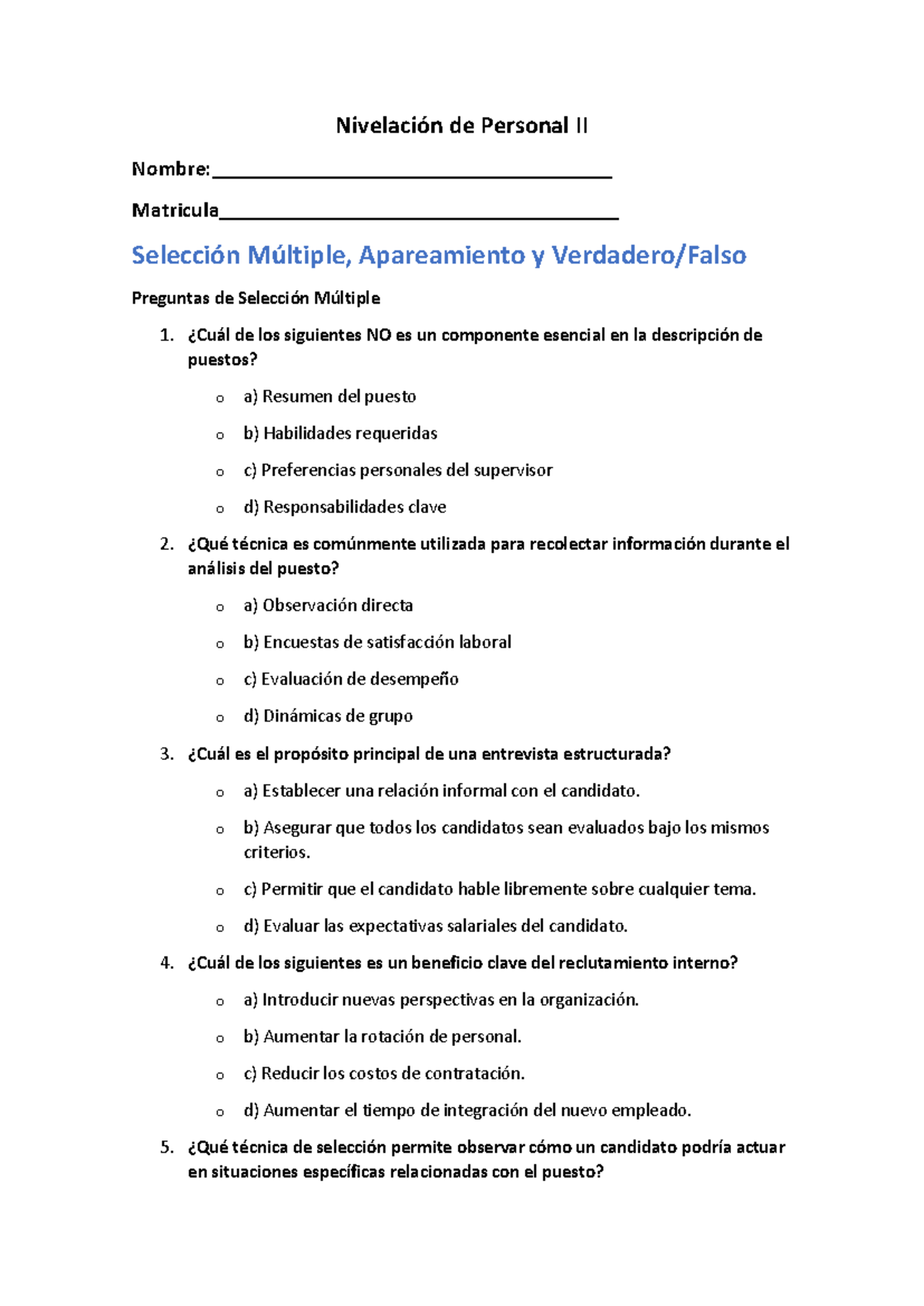 Nivelación de Personal II: Preguntas de Selección Múltiple y Verdadero ...
