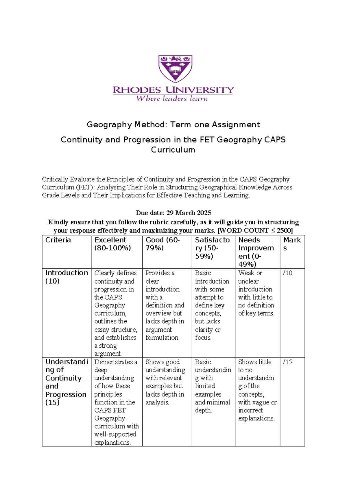 Assignment 1 Continuity and Progression in the Geography curriculum ...