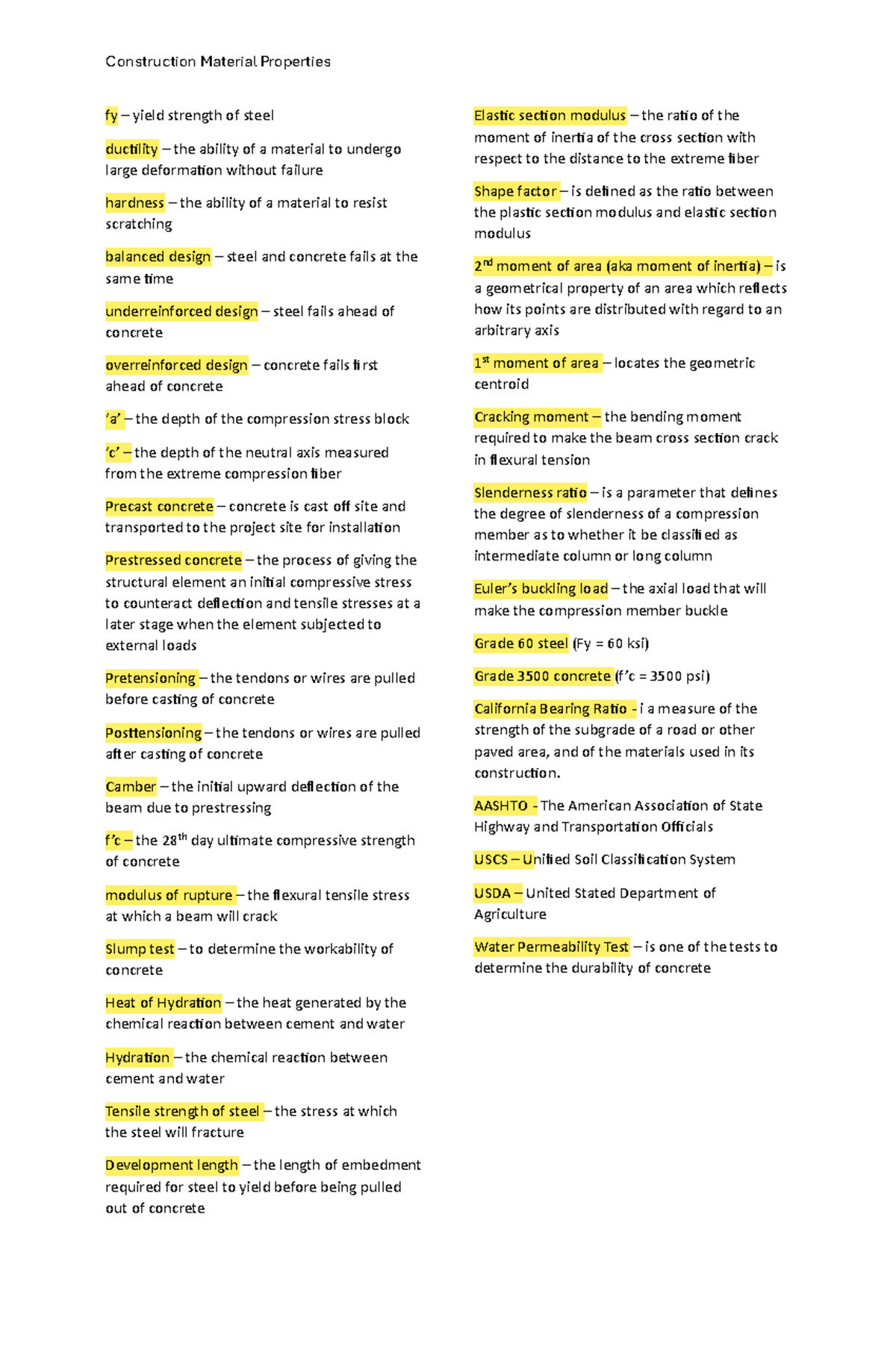 Construction Material Properties: Key Concepts and Definitions - Studocu