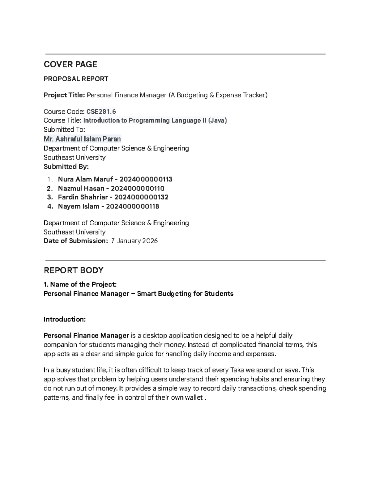 CSE281.6 Project Report: Personal Finance Manager Overview - Studocu