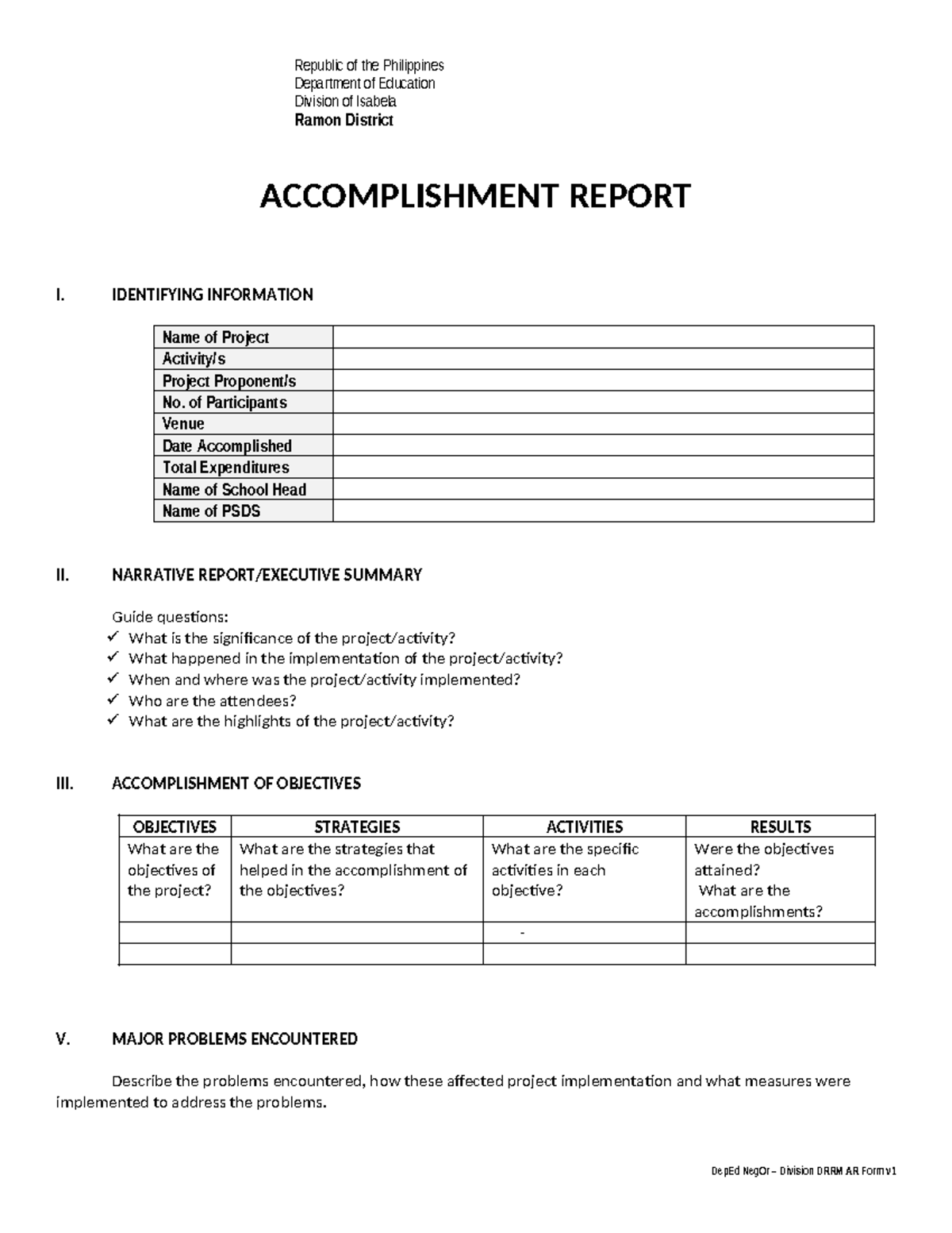 DepEd Accomplishment Report Template for Project Umaga - Isabela ...