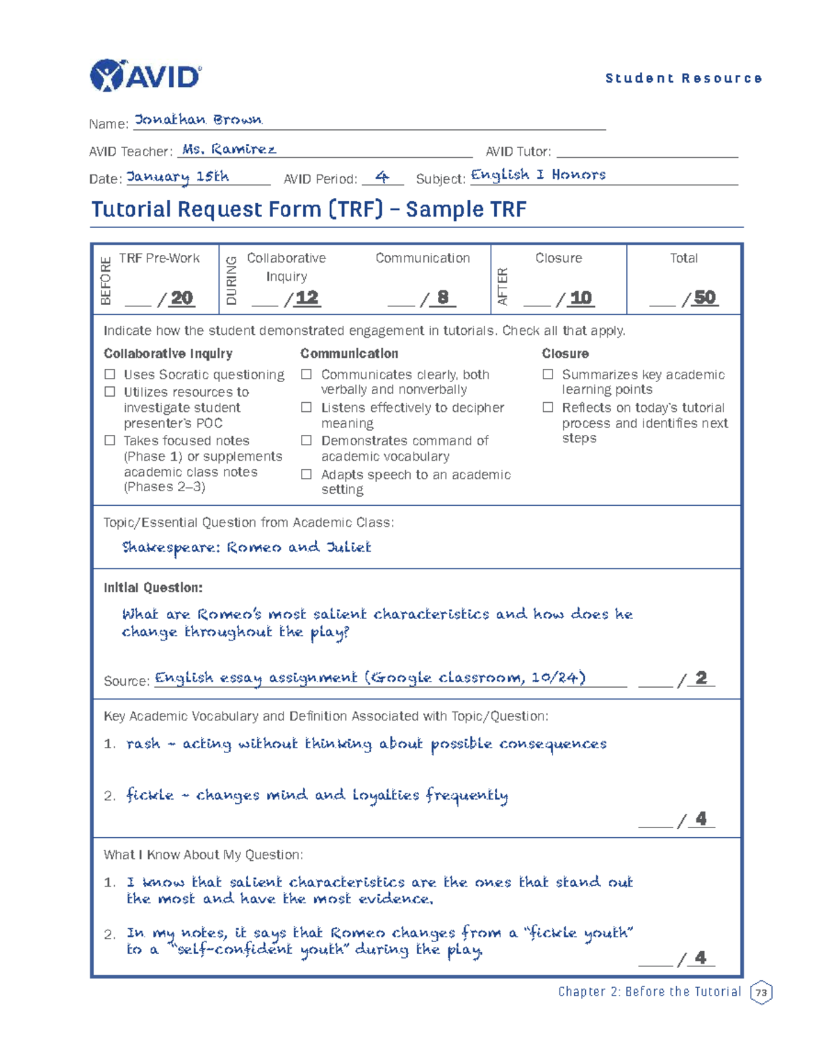 AVID TRF Samples: Collaborative Inquiry Notes for English I & Social ...