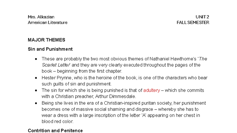 Mrs. Alkazian American Literature UNIT 2 FALL SEMESTER: Major Themes ...