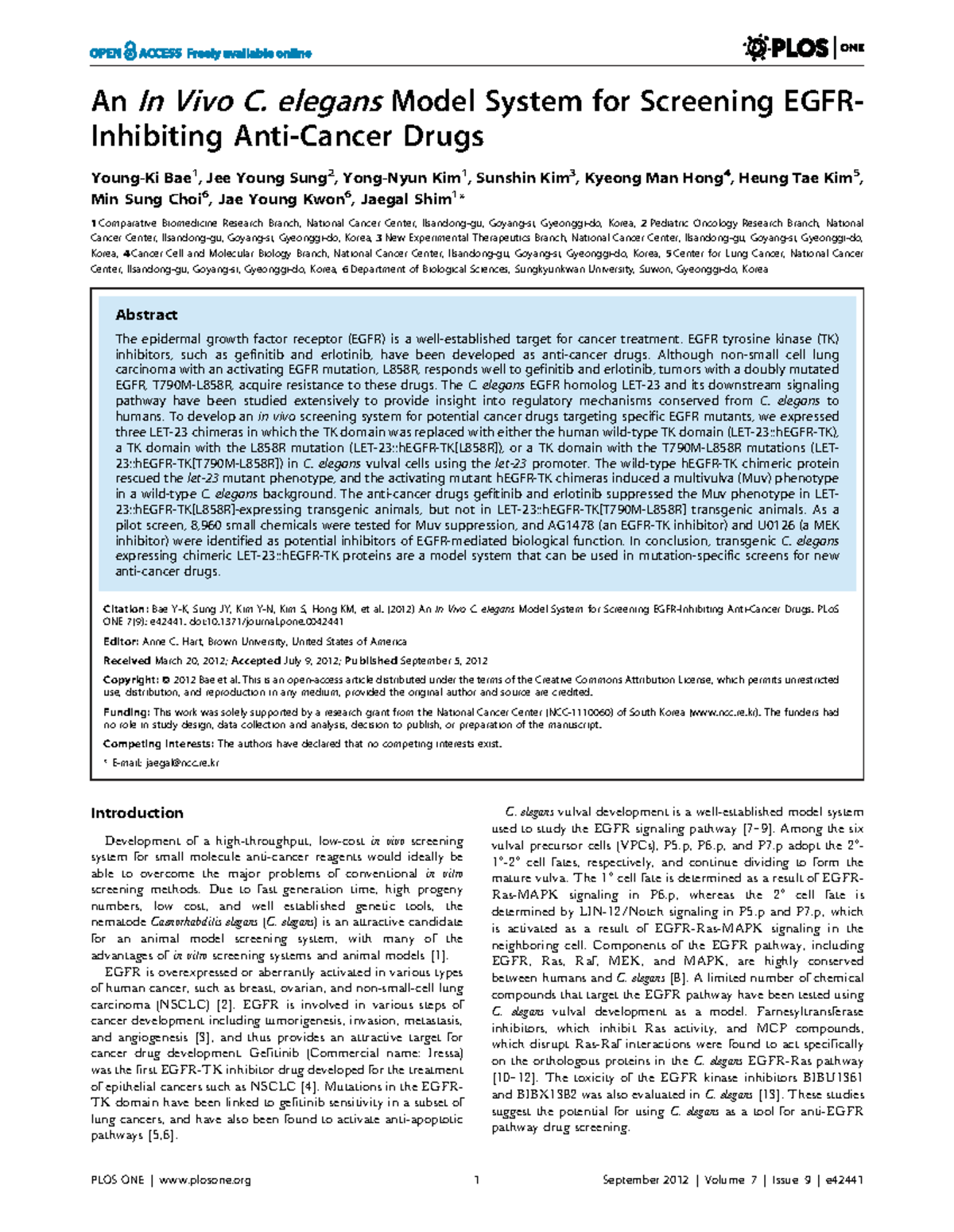 C. elegans Model for Screening EGFR Inhibitors in Cancer Research - Studocu
