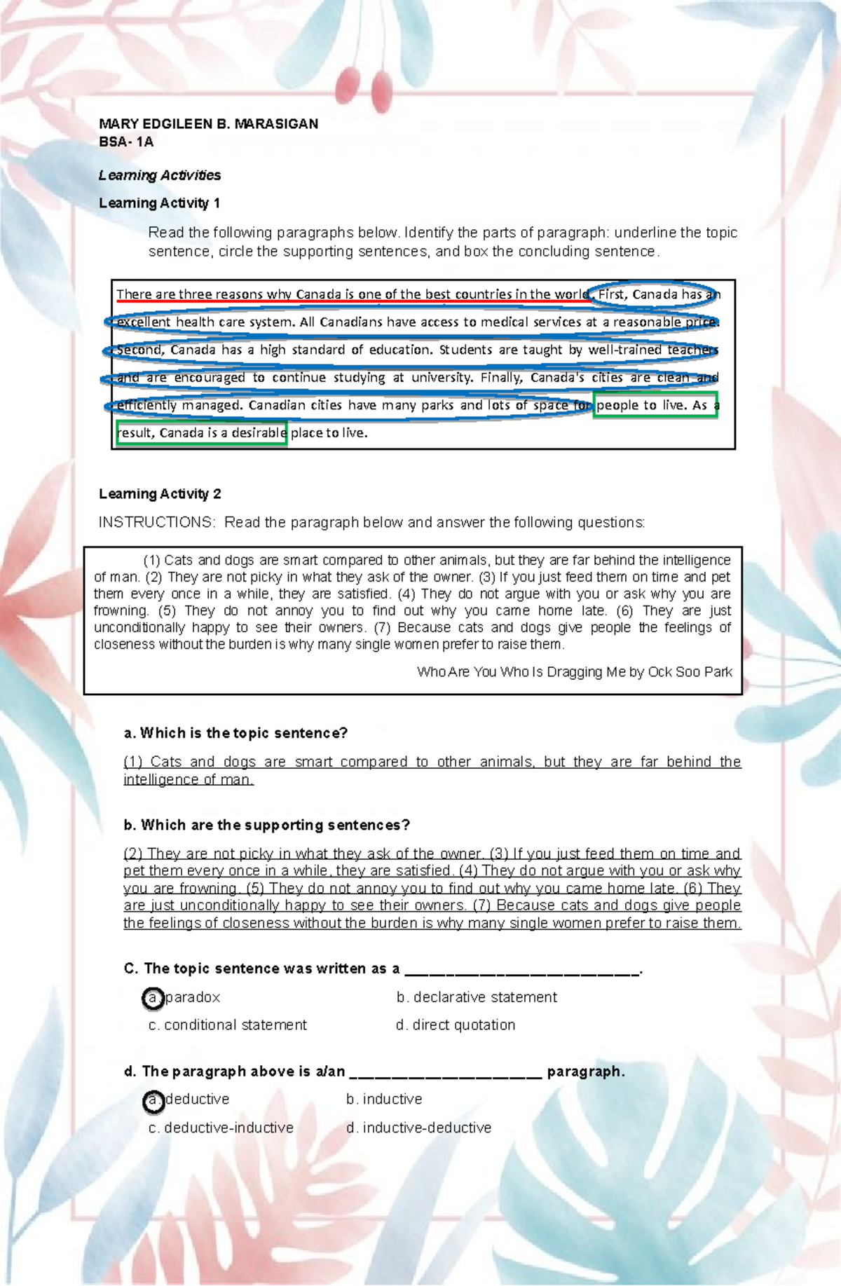 BSA-1A Paragraph Writing Activities: Identifying Parts & Structure ...