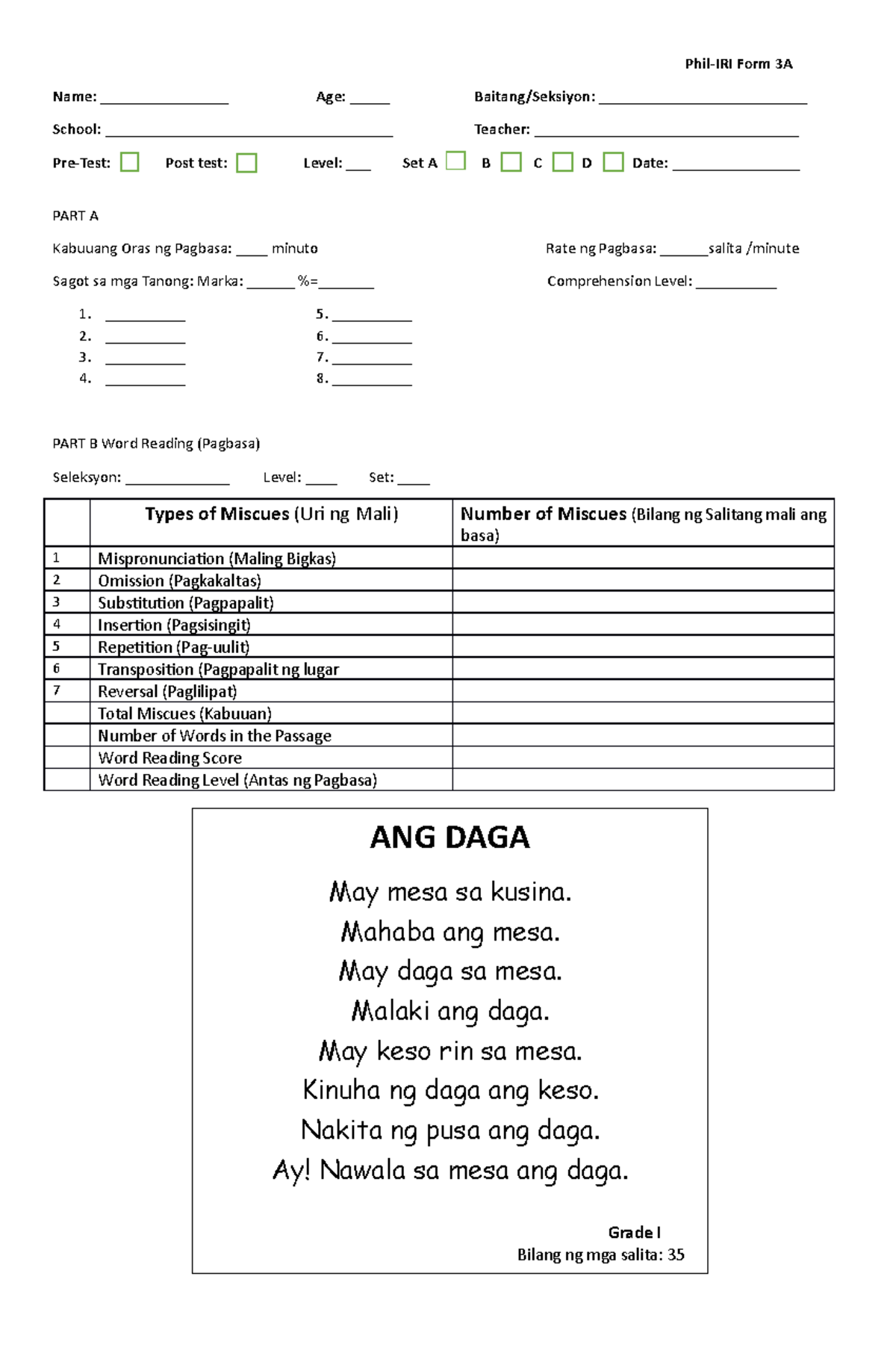 Phil-IRI Pre-Test Form 3A: Reading Assessment for Grades I-VI - Studocu