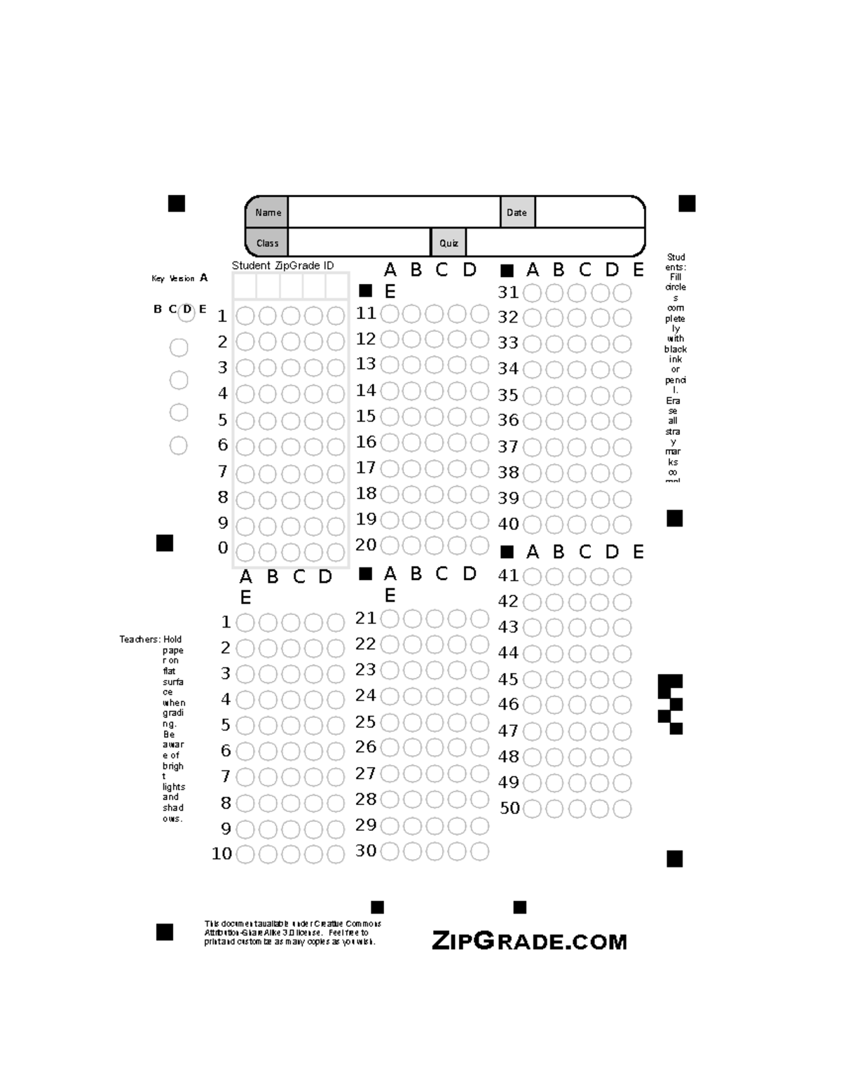 Quiz Answer Sheet - 50 Items for ZipGrade - Version A - Studocu