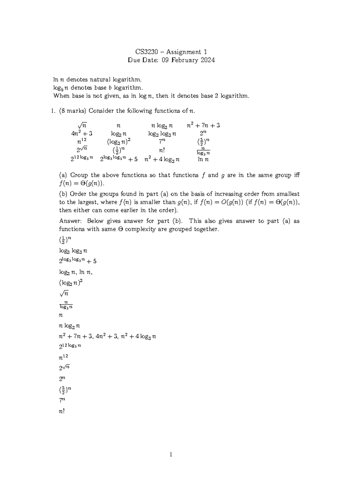 CS3230 Assignment 1 Solutions: Function Grouping & Recurrences - Studocu