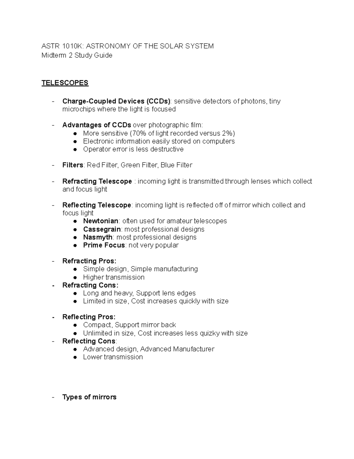 ASTR 1010K Midterm 2 Study Guide: Telescopes & Solar System Basics ...