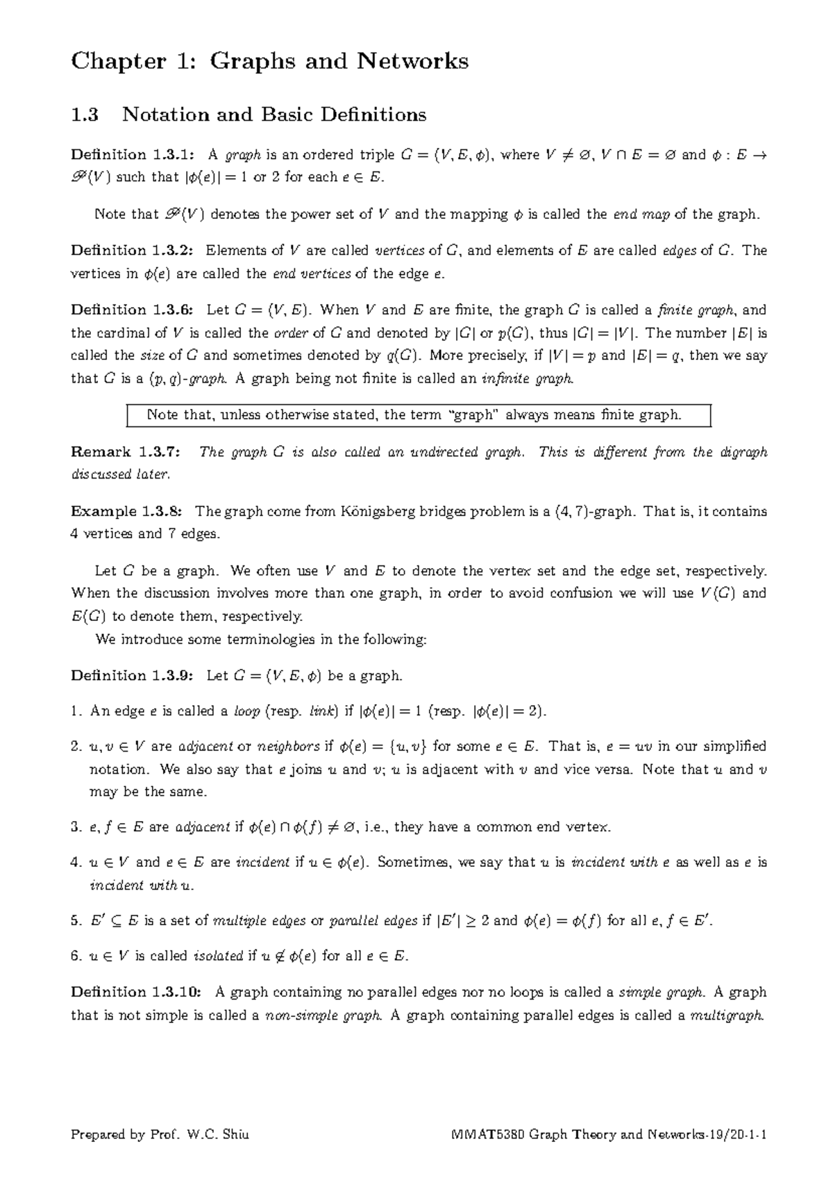 Graph 1 - LECTURE 1 - Chapter 1: Graphs and Networks 1 Notation and ...