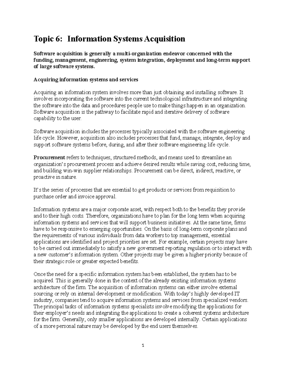 Topic 6: Information Systems Acquisition Overview and Key Processes ...