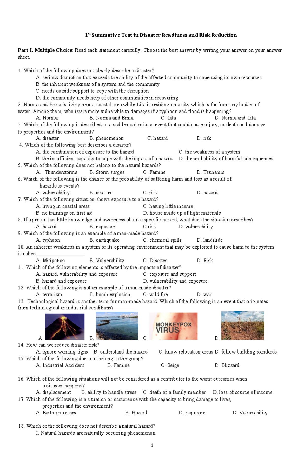 DRRR 1st Summative Test: Multiple Choice Questions - Studocu