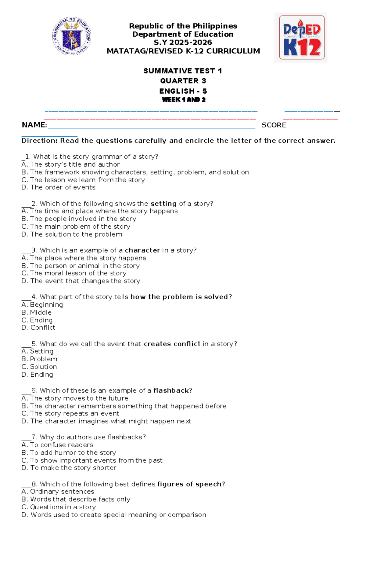 Q3 ENGLISH 5 SUMMATIVE TEST 1 WEEK 1 & 2 - Studocu