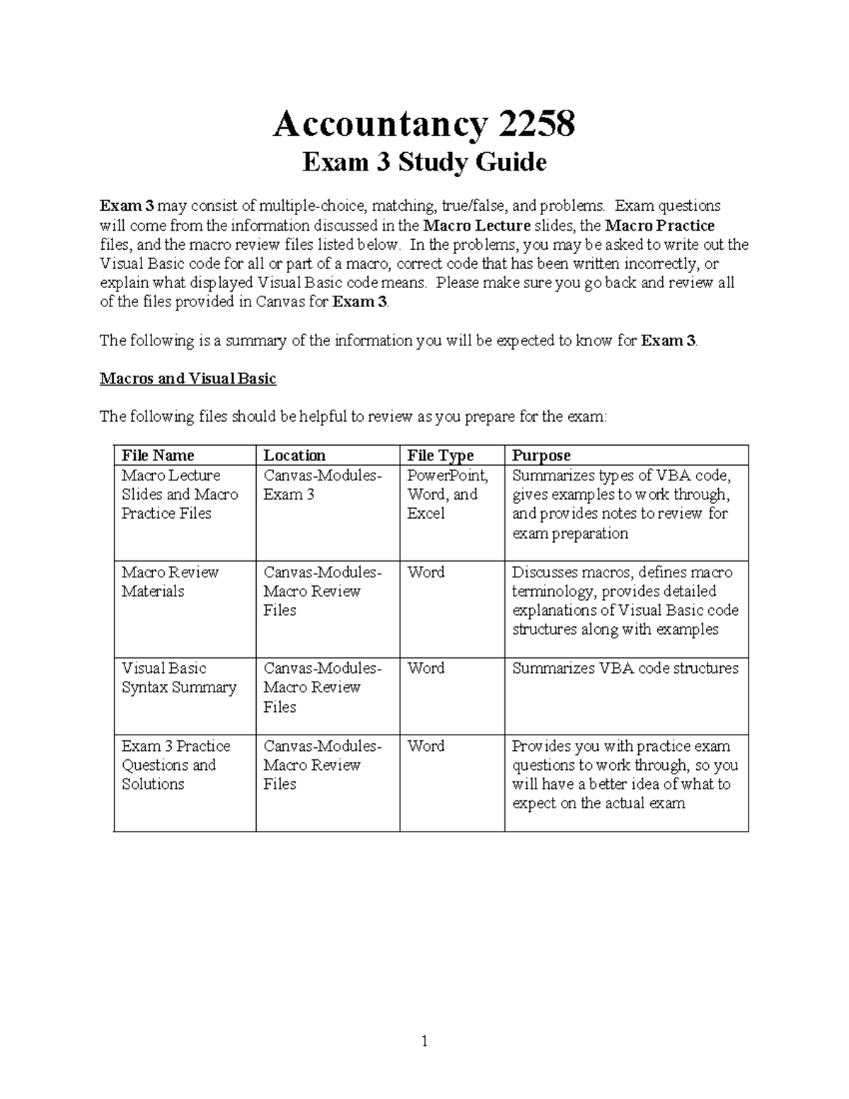 ACCT 2258 Final Exam 3 Study Guide: Macros & Visual Basic Essentials ...