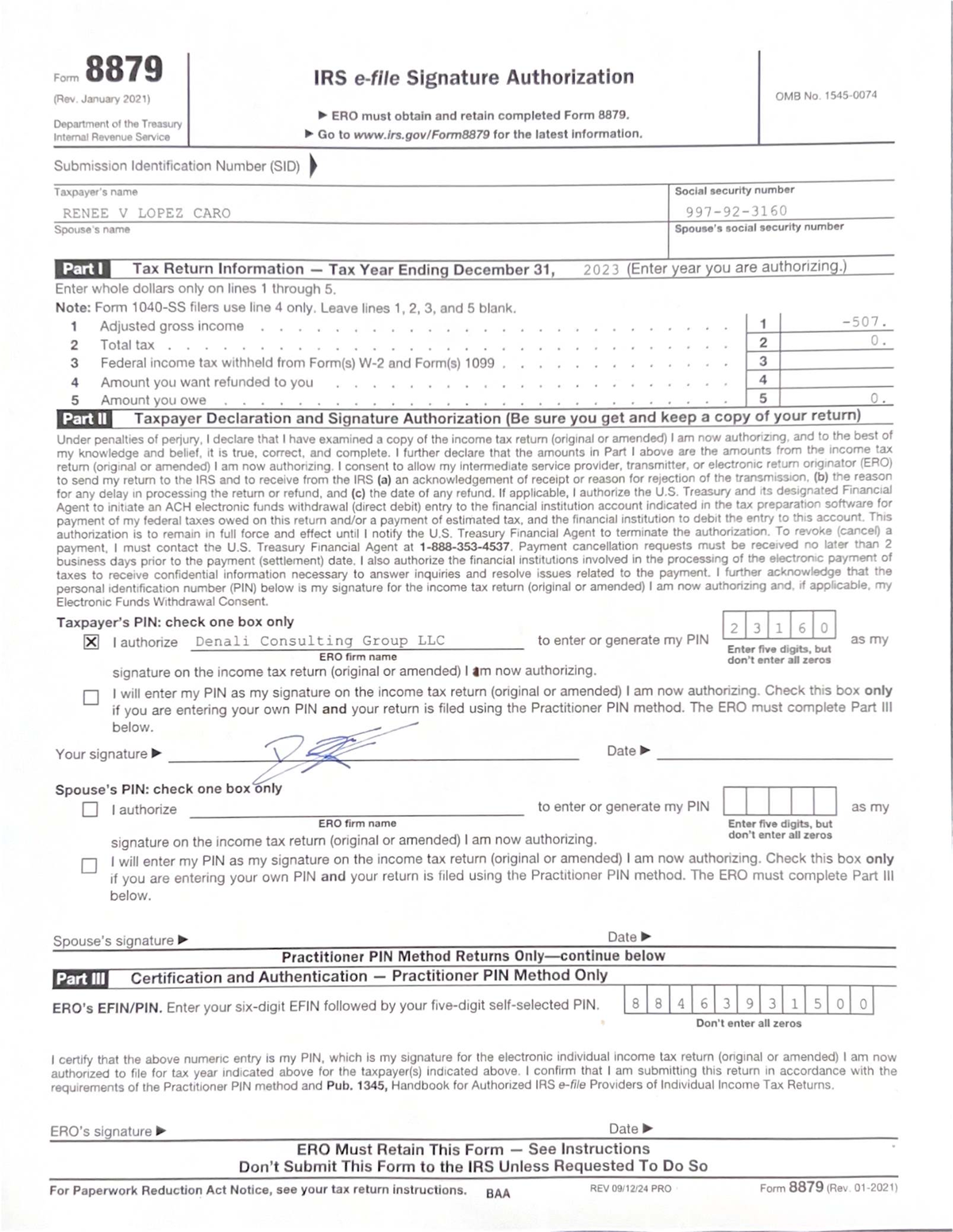 Form 8879 IRS Signature Authorization - Tax Year 2023 Details - Studocu