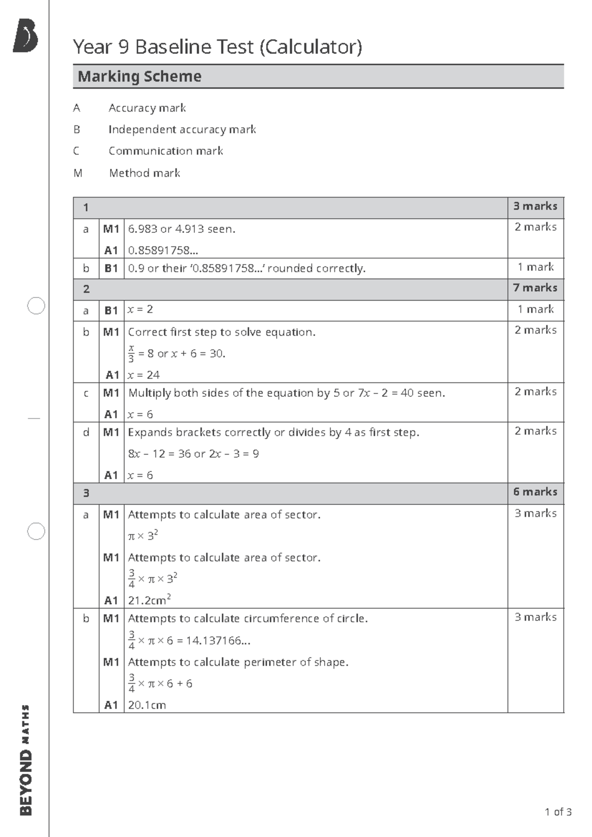 Year 9 Baseline Test (Calculator) Marking Scheme Overview - Studocu