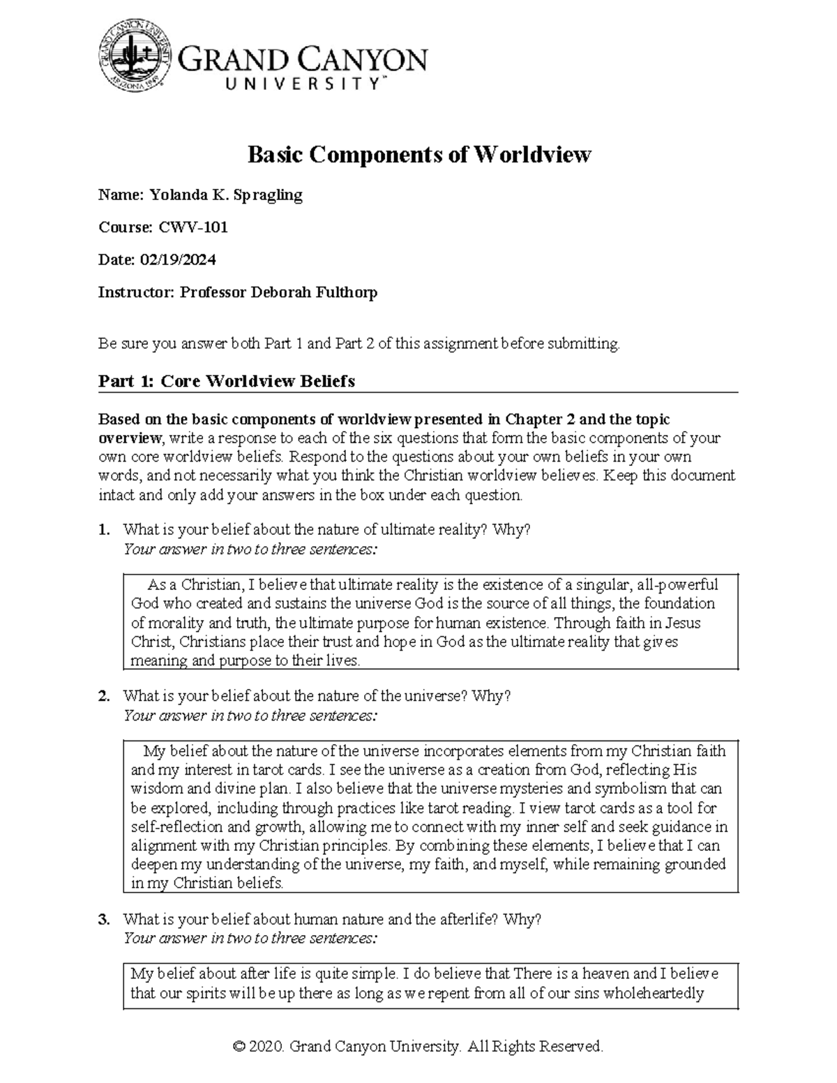 CWV-101. Exploring Core Beliefs: Components of a Personal Worldview ...