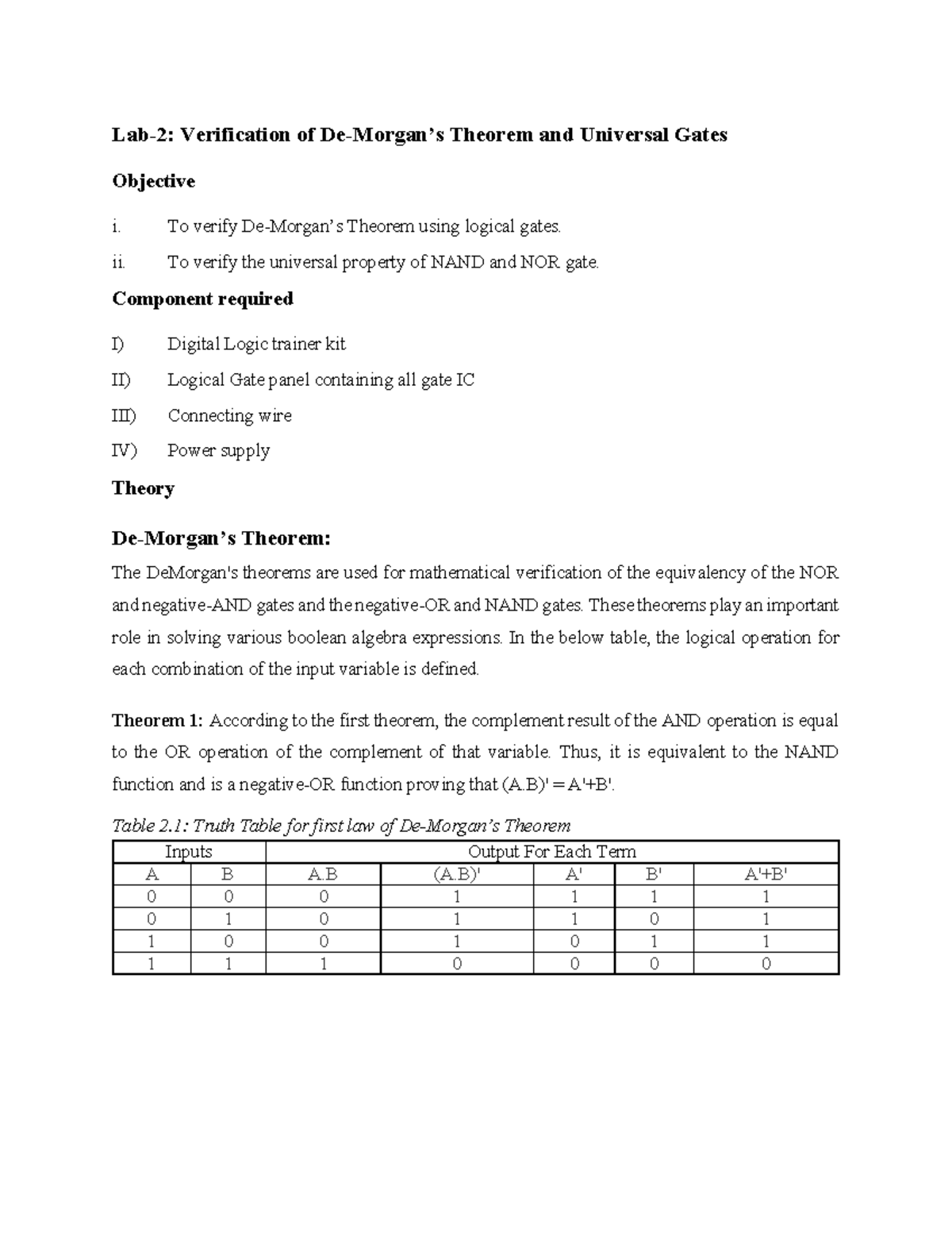 Lab 2: Verification of Theorems & Universal Gates in Digital Logic ...