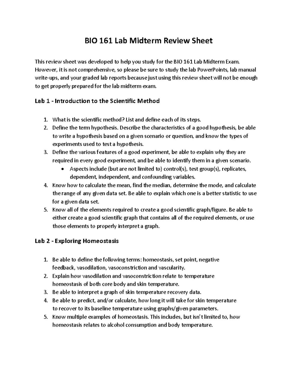 BIO 161 Lab Midterm Exam Review Sheet - Spring 2023 Study Guide - Studocu