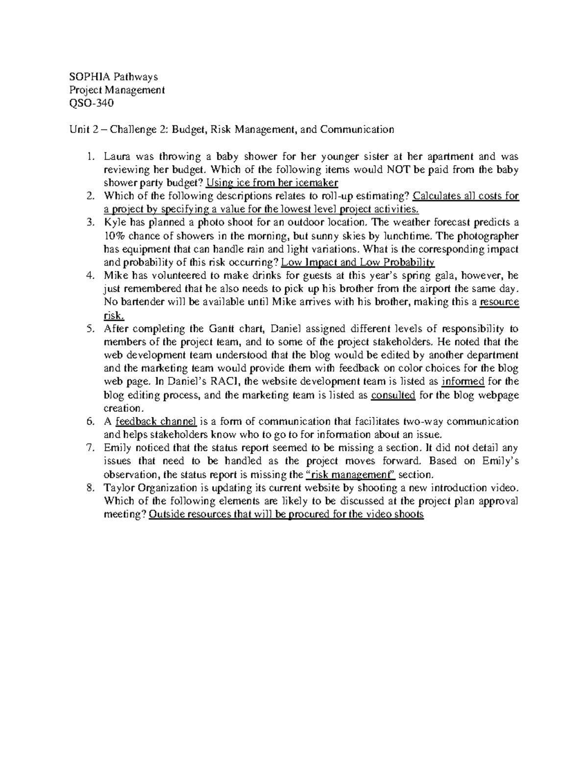Sophia - Unit 2 - Challenge 2 Project Mgmt QSO-340 - SOPHIA Pathways Project Management QSO ...