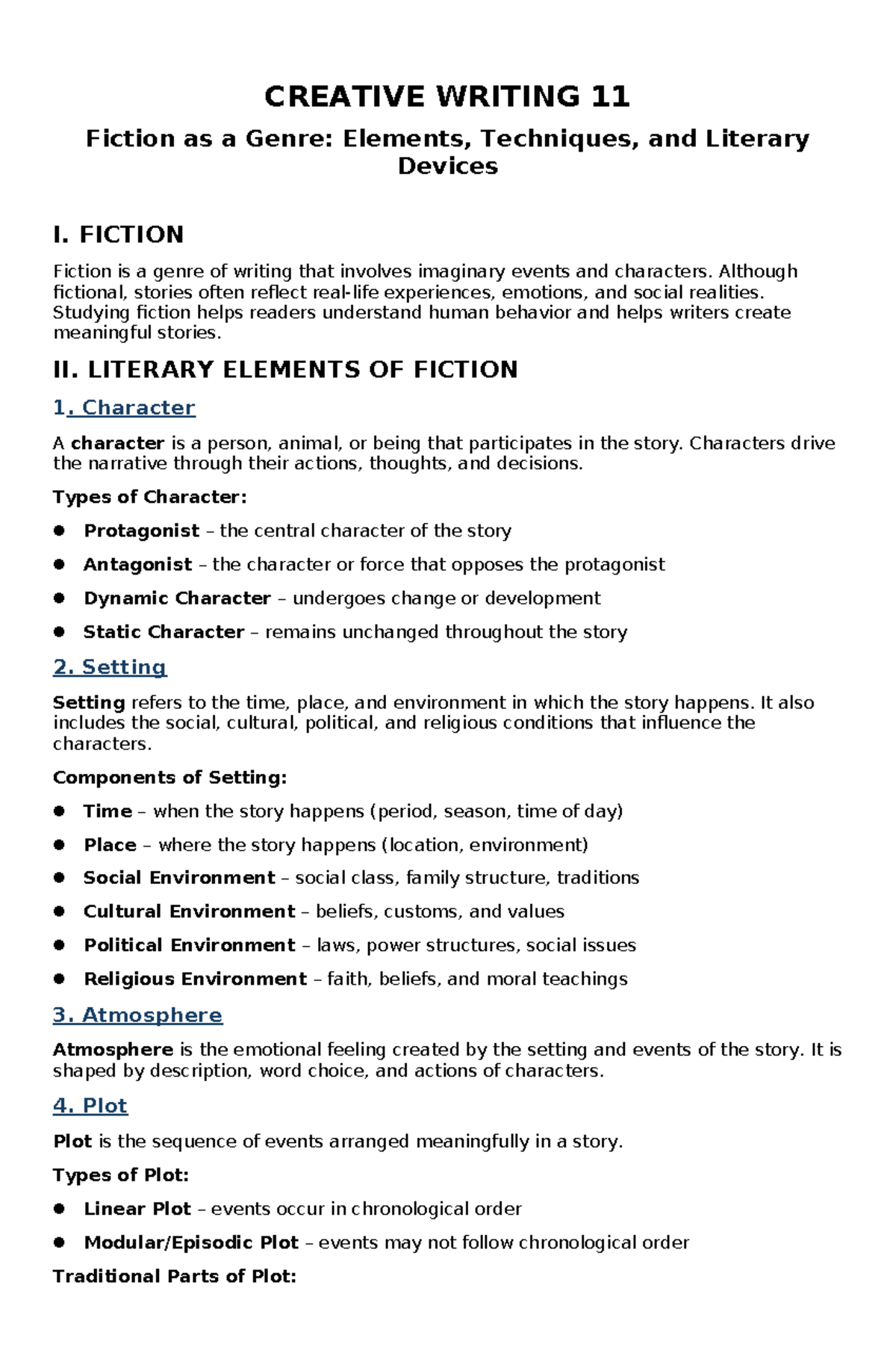 Creative Writing 11: Elements & Techniques of Fiction - Studocu