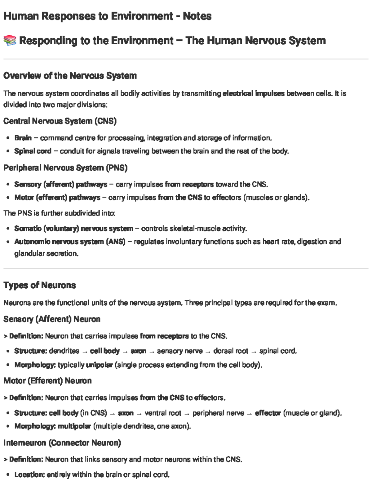 Human Responses to Environment: Nervous System Overview Notes - Studocu