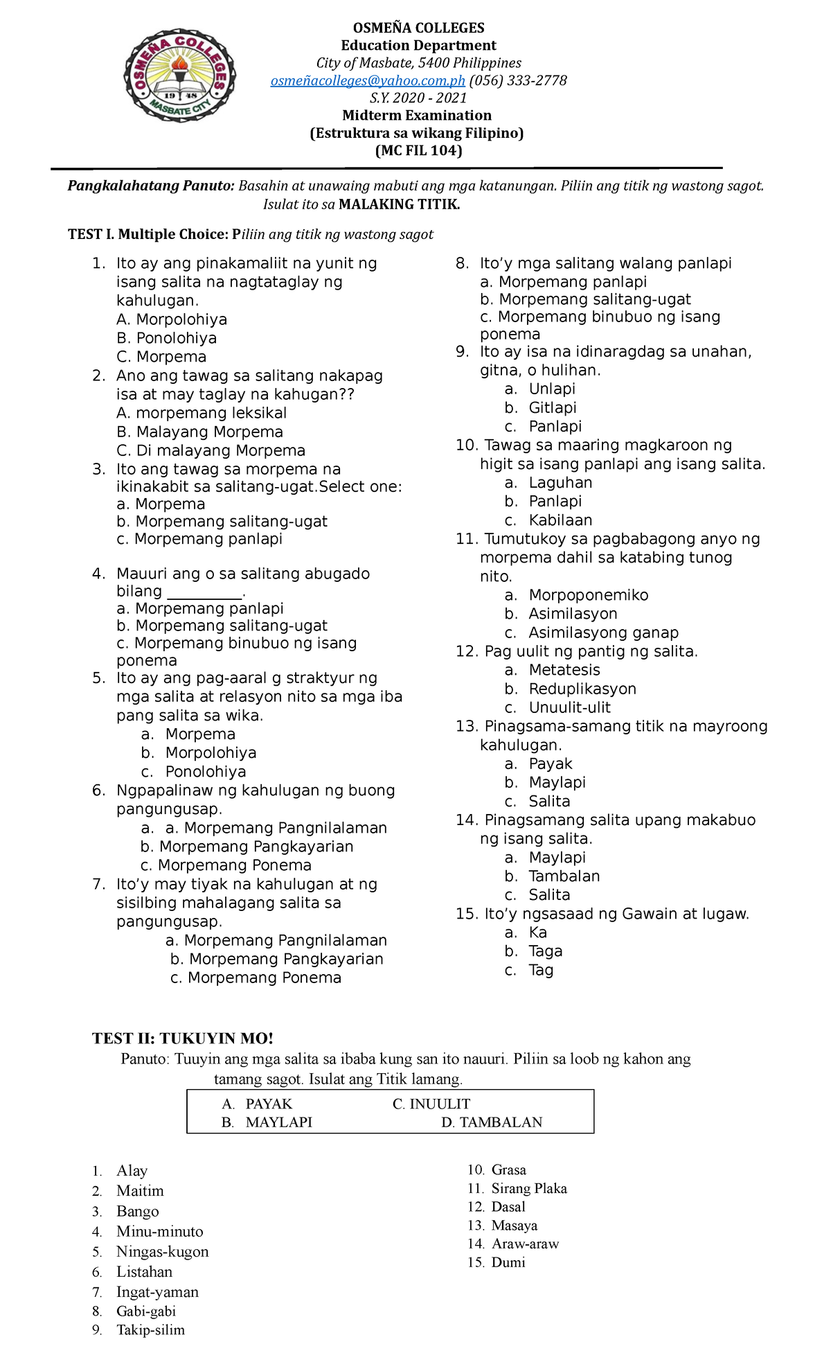 Midterm Exam for MC FIL 104: Estruktura ng Wikang Filipino - Studocu