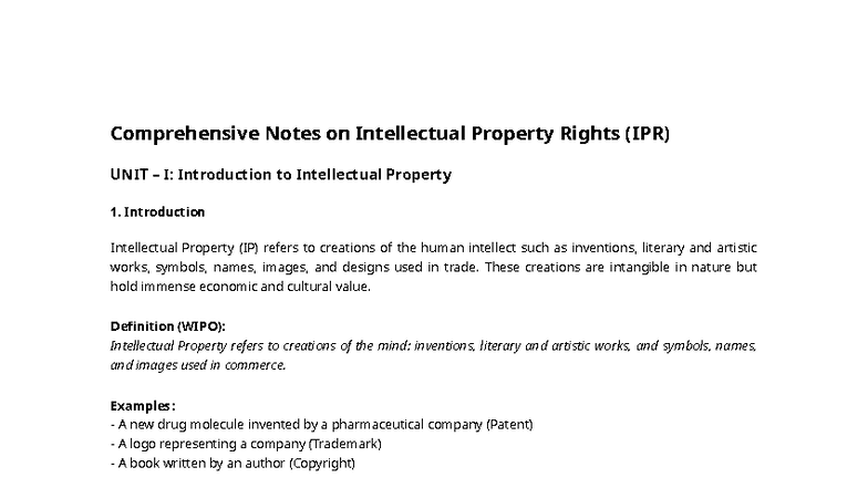 IPR Full Notes: Comprehensive Overview of Units 1-5 on Intellectual ...