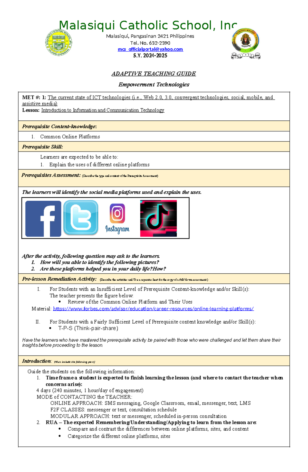 Emtech - Lesson Plan on ICT Concepts & Online Platforms (ATG) - Studocu