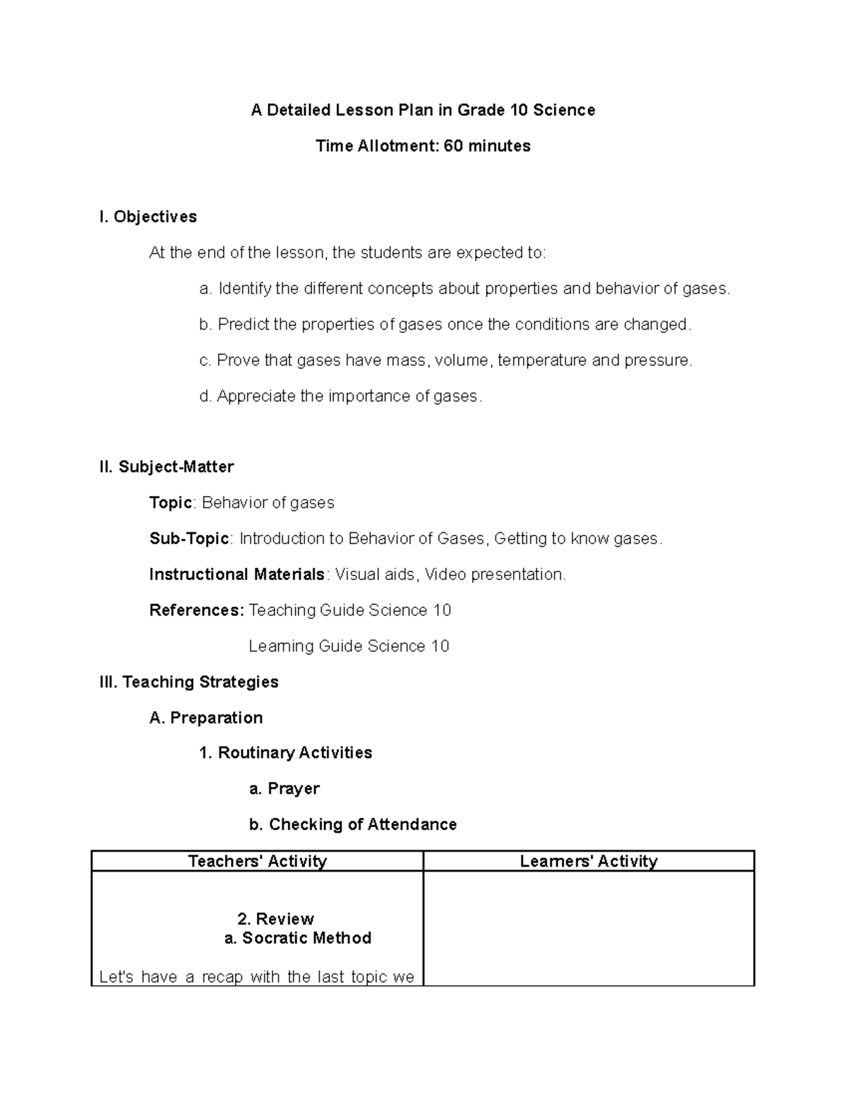 Grade 10 Science Lesson Plan: Understanding Gases and Their Properties ...