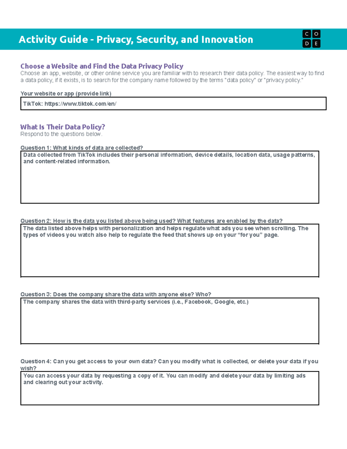 Activity Guide - Data Privacy Policies: TikTok Analysis - Studocu
