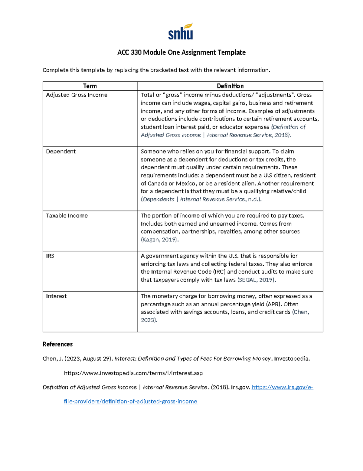 ACC 330 Module One Assignment - Term Definition Adjusted Gross Income ...