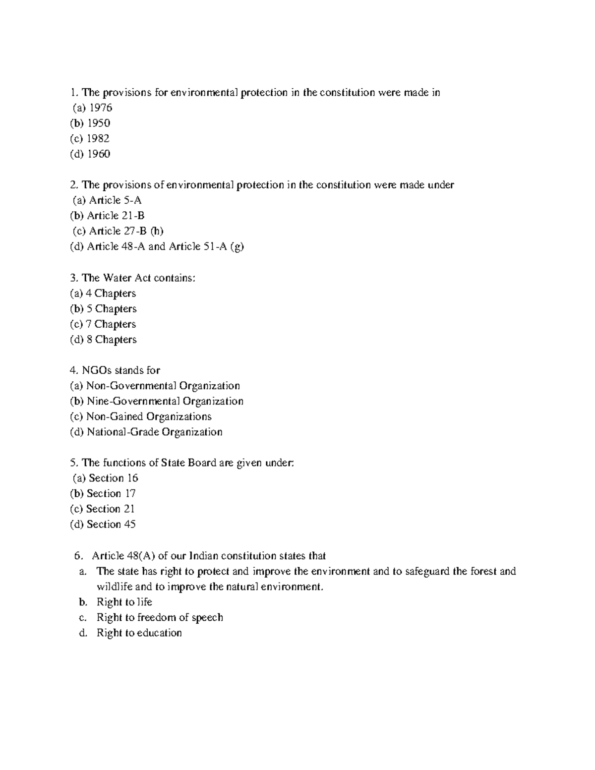 Environmental Legislation Q BANK - The provisions for environmental ...