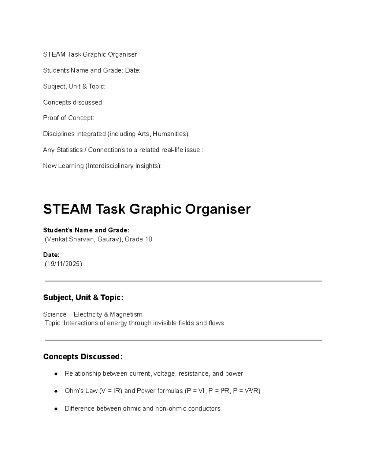 STEAM Task Graphic Organizer: Grade 10 Science on Electricity - Studocu