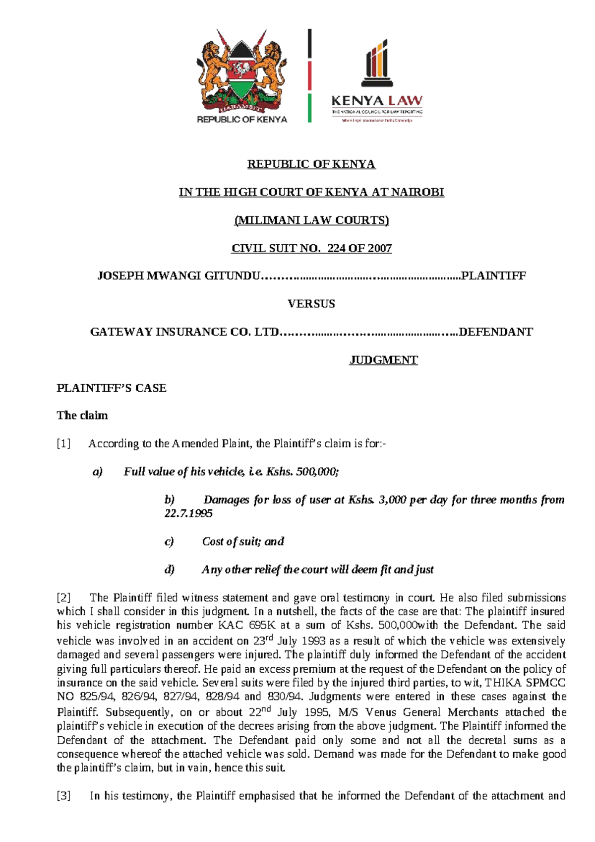 Joseph Mwangi Gitundu v Gateway Insurance Co Ltd (Civ Suit 224/2007 ...