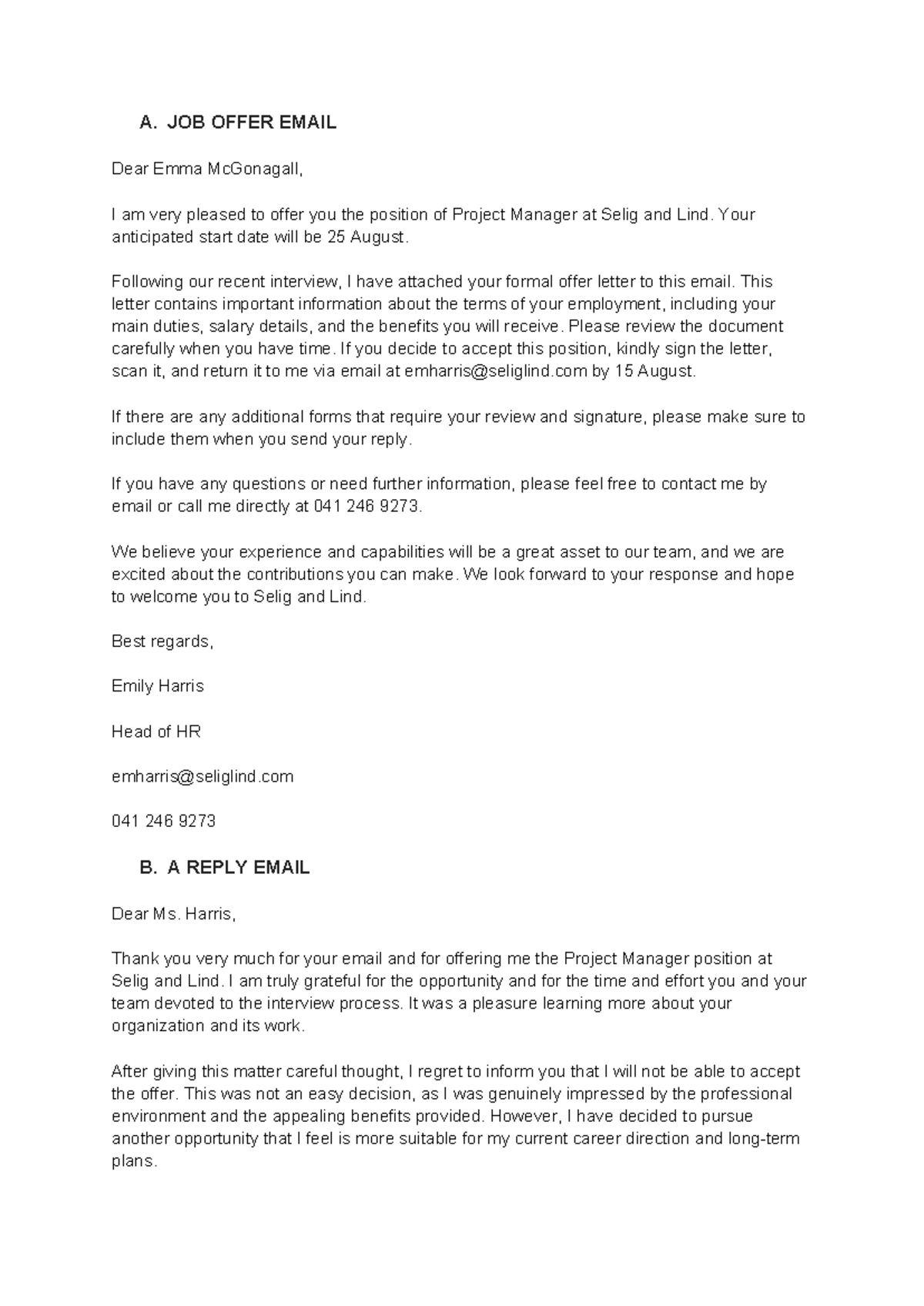 Job Offer Email & Reply - Part 1 - Studocu