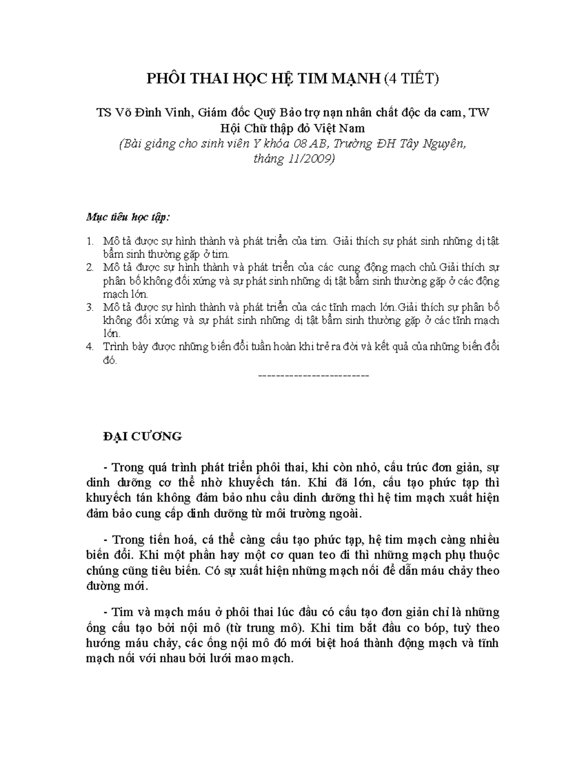 Bài Giảng PHÔI THAI HỌC HỆ TIM MẠNH (4 TIẾT) - TS Võ Đình Vinh - Studocu
