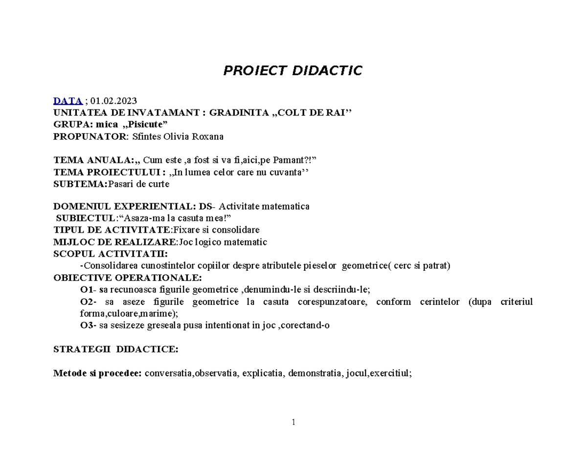 Proiect Didactic: Activitate Matematica la Gradinita - DATA 01.02.2023 ...