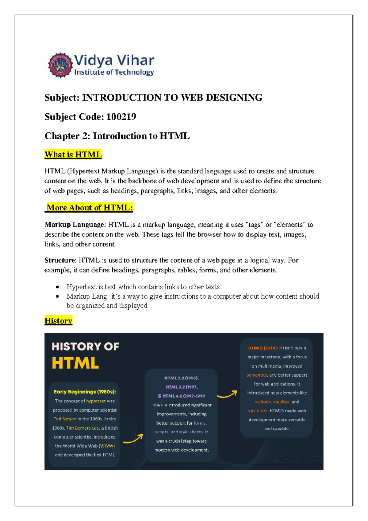 Introduction to HTML - Chapter 2 (Course Code: 100219) - Studocu