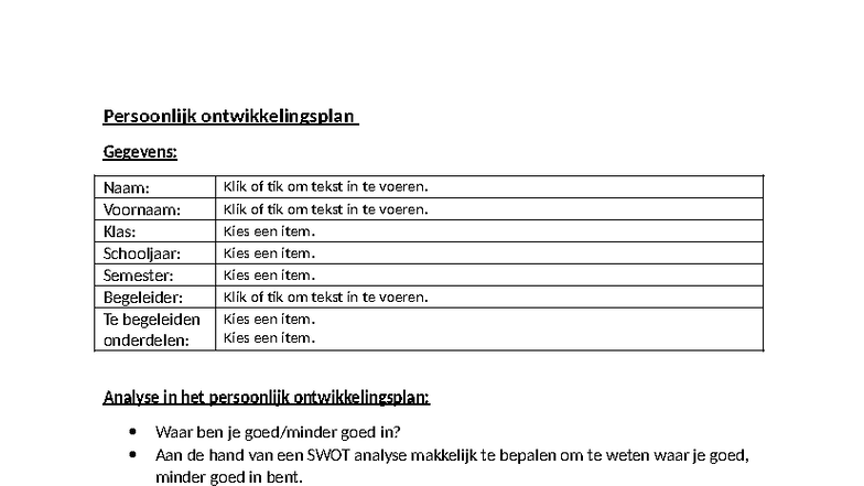 Persoonlijk Ontwikkelingsplan: SWOT Analyse en Stappenplan - Studocu