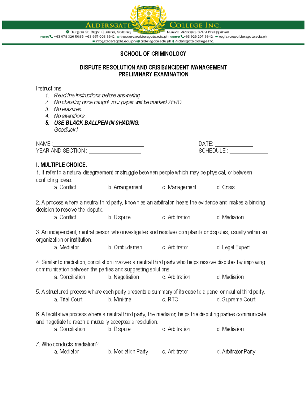 Prelim Exam Notes for CRIM 6: Dispute Resolution & Crisis Mgmt - Studocu