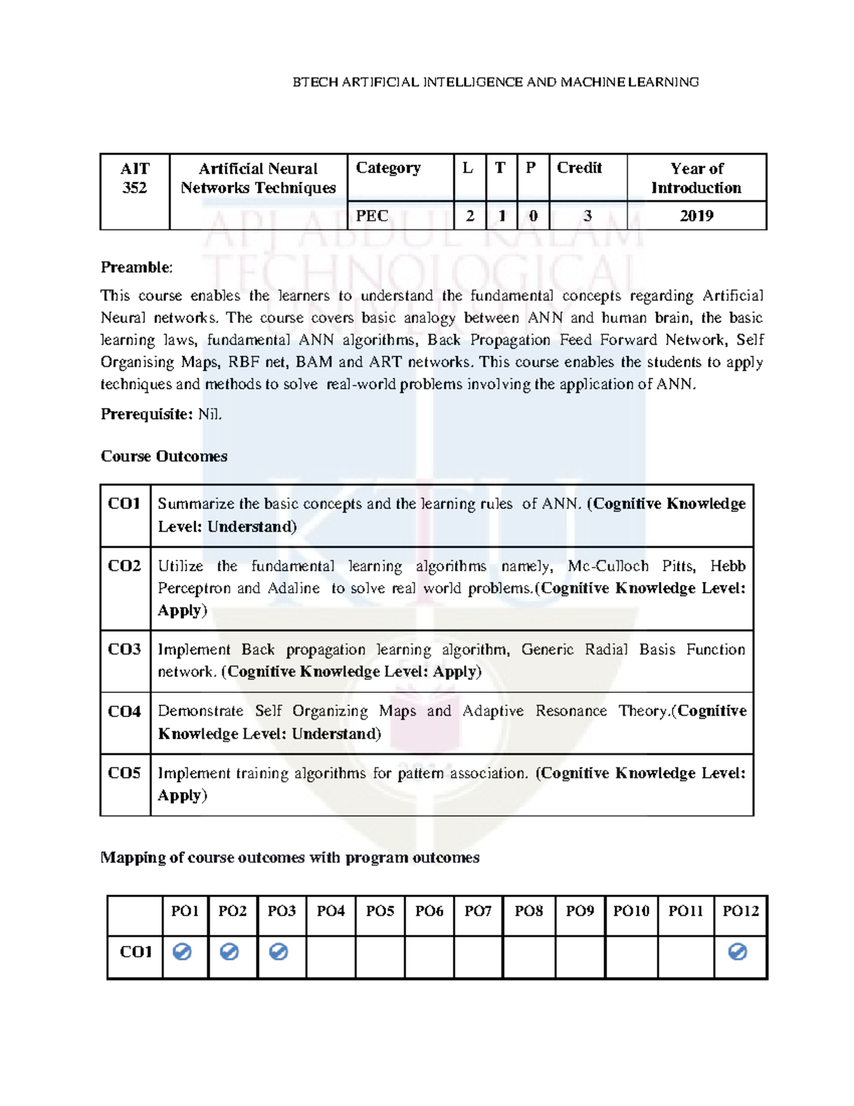 BTECH AIT 352 Final Exam Syllabus: Artificial Neural Networks ...