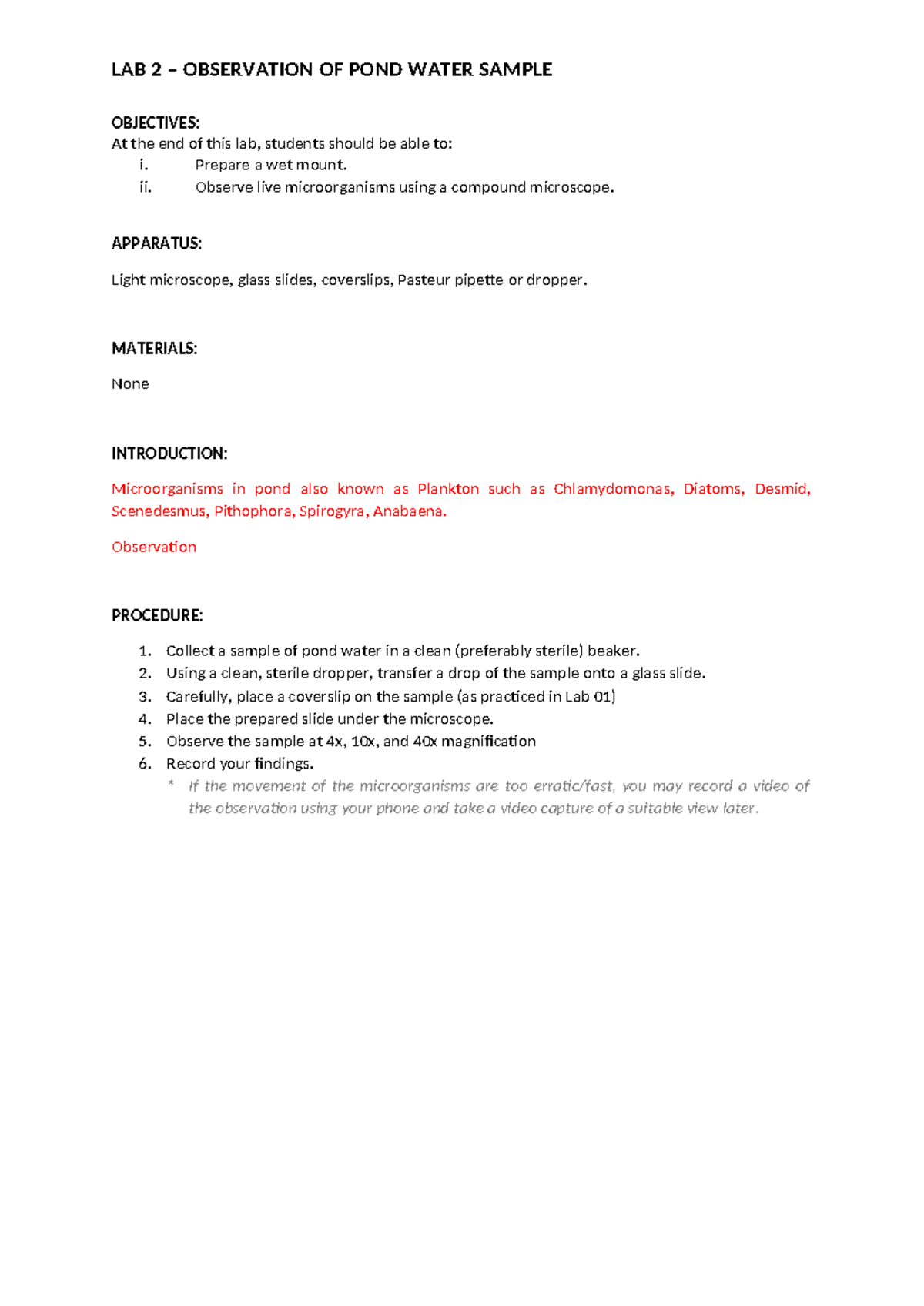 LAB 2: Observation of Pond Microorganisms and Wet Mount Prep - Studocu