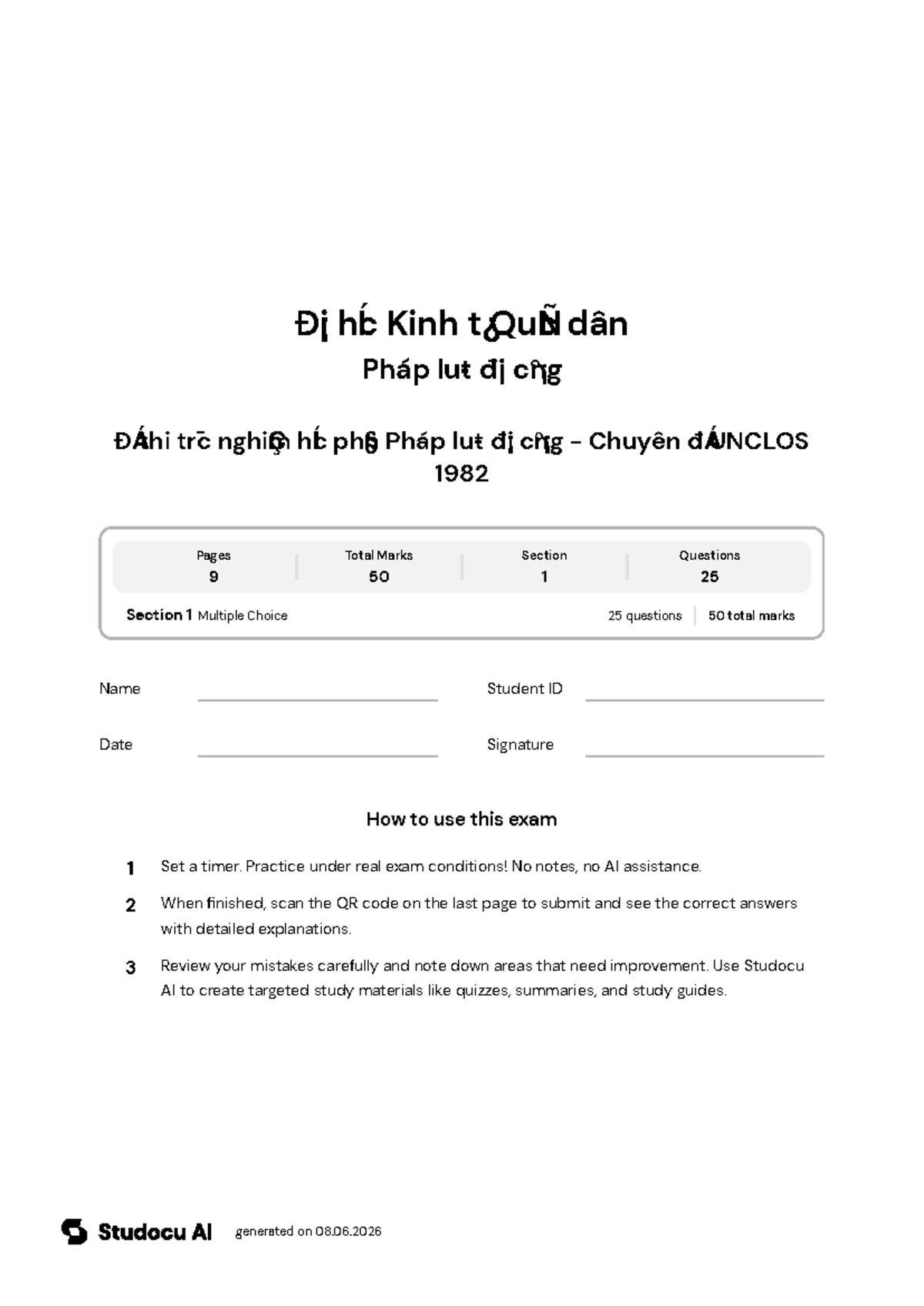 Đề thi trắc nghiệm học phần Pháp luật đại cương - Chuyên đề UNCLOS 1982 ...