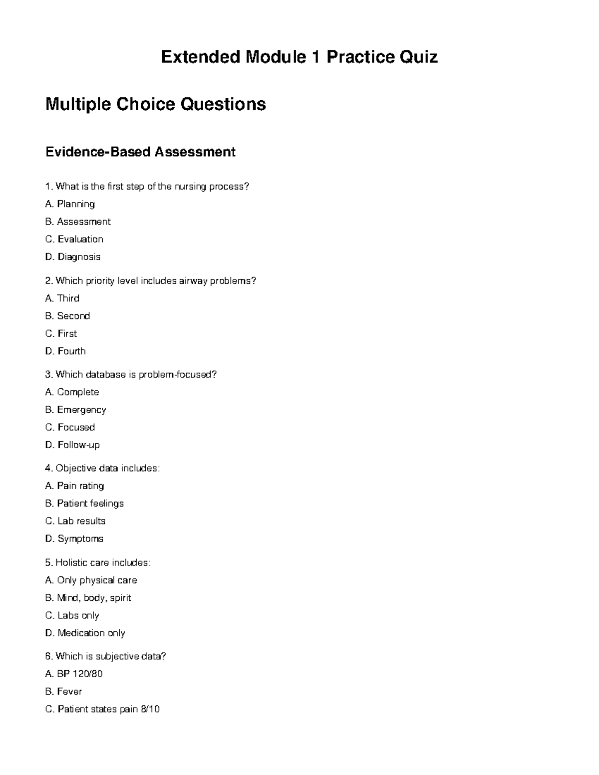 Extended Module 1 Health Assessment Practice Quiz - Studocu